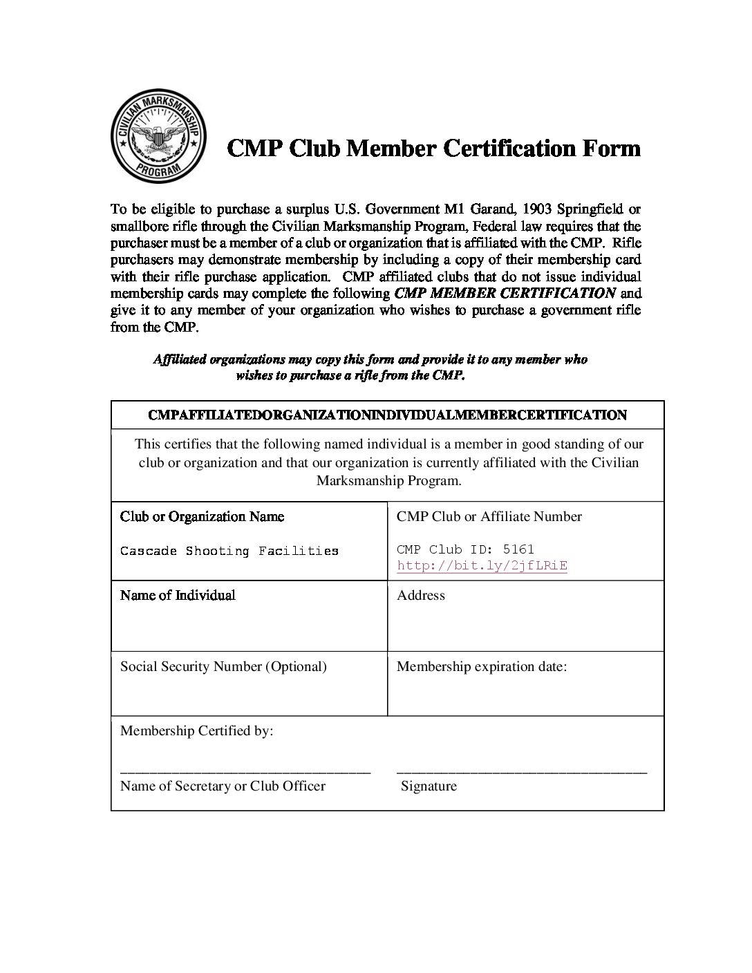 CMP Club Member Certification Form – Cascade Shooting Facilities